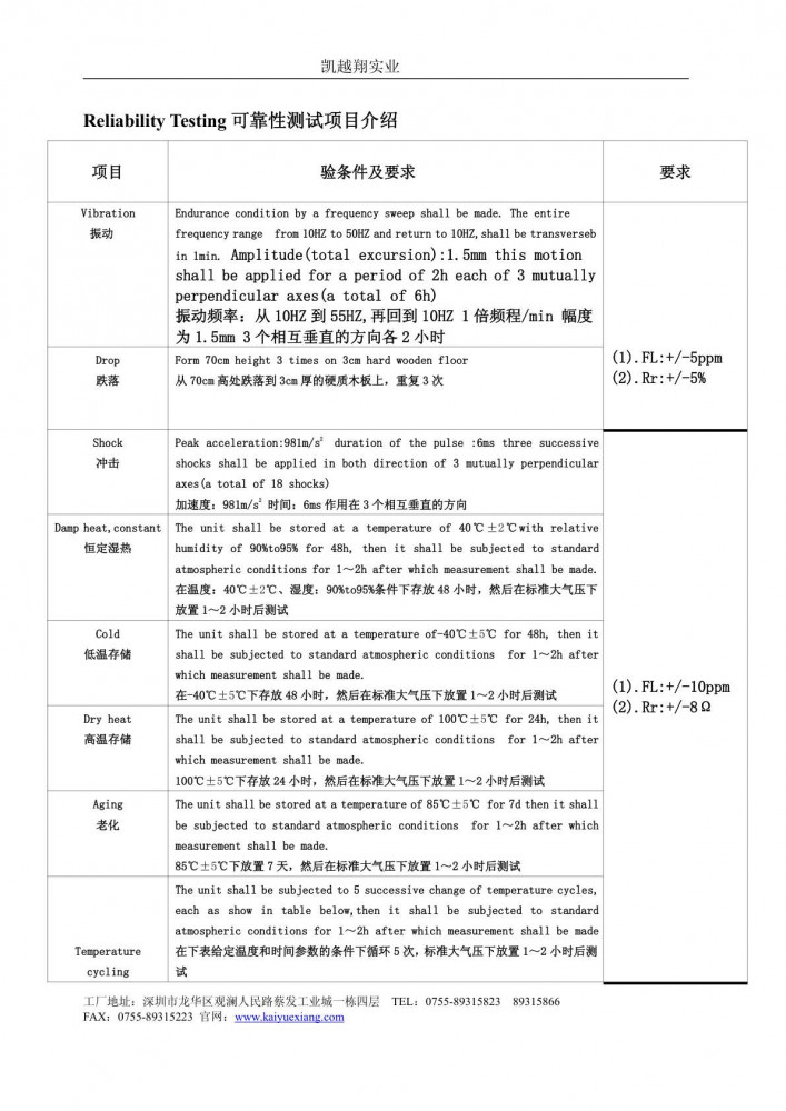 KYX quartz resonator reliability test page