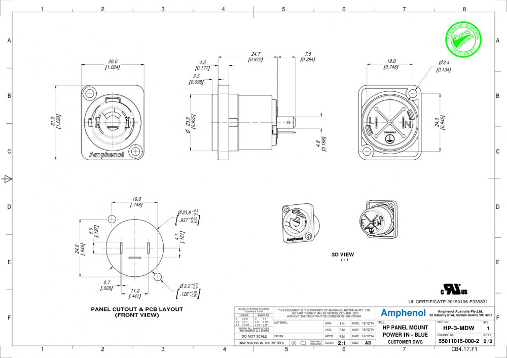 Amphenol HP-3-MDW technical drawing page
