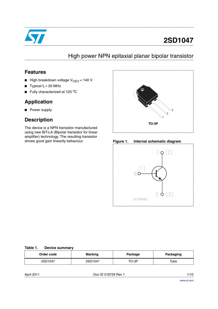 2SD1047 datasheet page 1