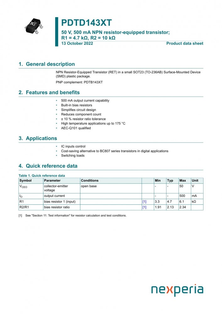 PDTD143XTVL datasheet page 1