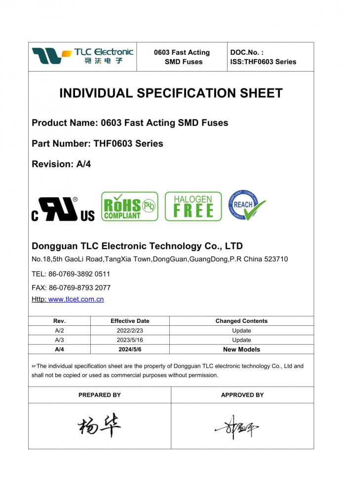 TLC Electronic THF0603 datasheet page 1