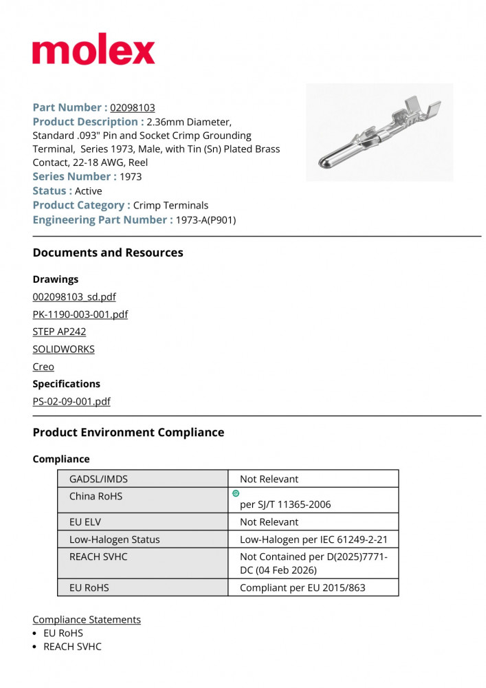 Molex .093 standard pin terminals document page 1