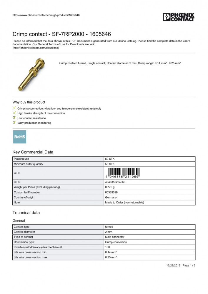 Phoenix Contact 1605646 product catalog page