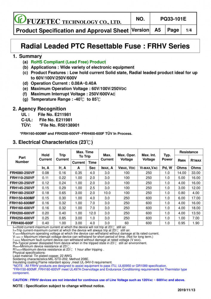 FUZETEC FRHV Series specification page 1