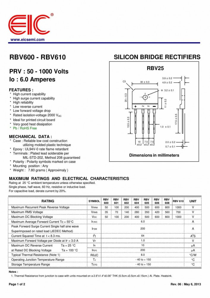 EIC RBV604 datasheet page 1