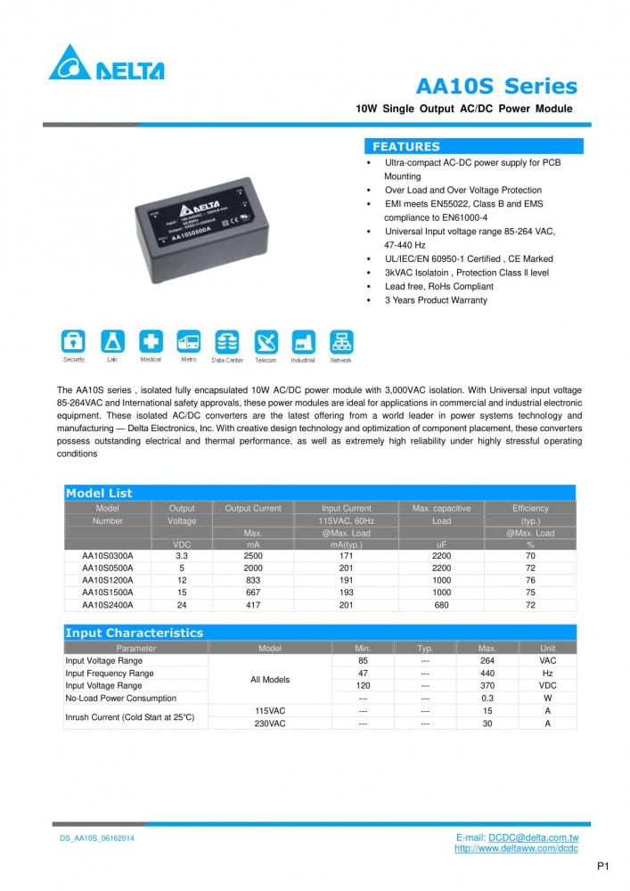 DELTA AA10S series datasheet page 1
