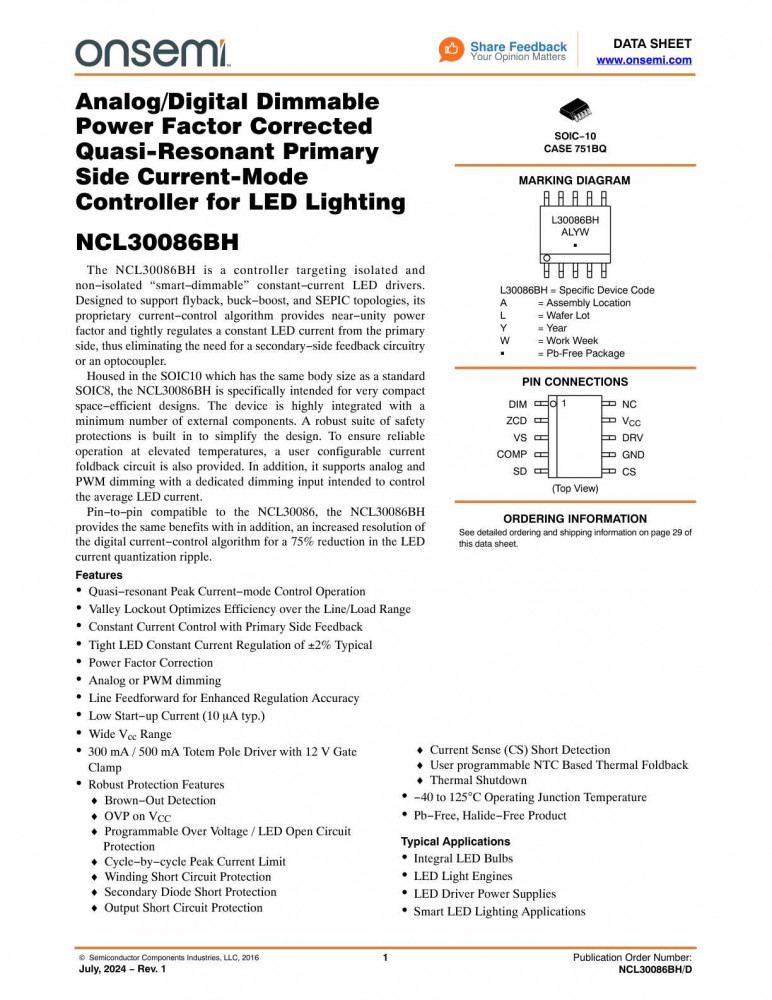 NCL30086BH datasheet page 1