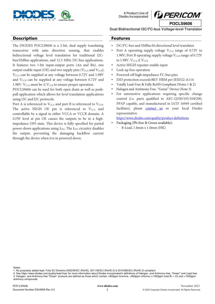 PI3CLS9606 technical document page 1