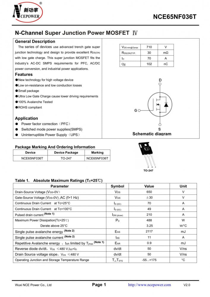 NCE65NF036T datasheet page 1