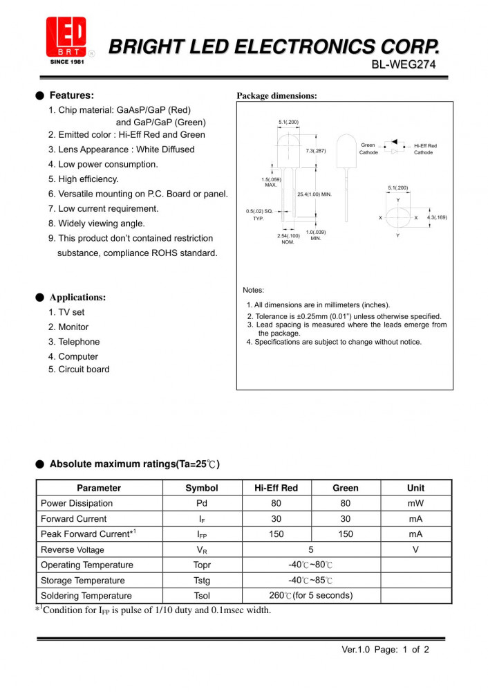 BL-WEG274 technical document page 1