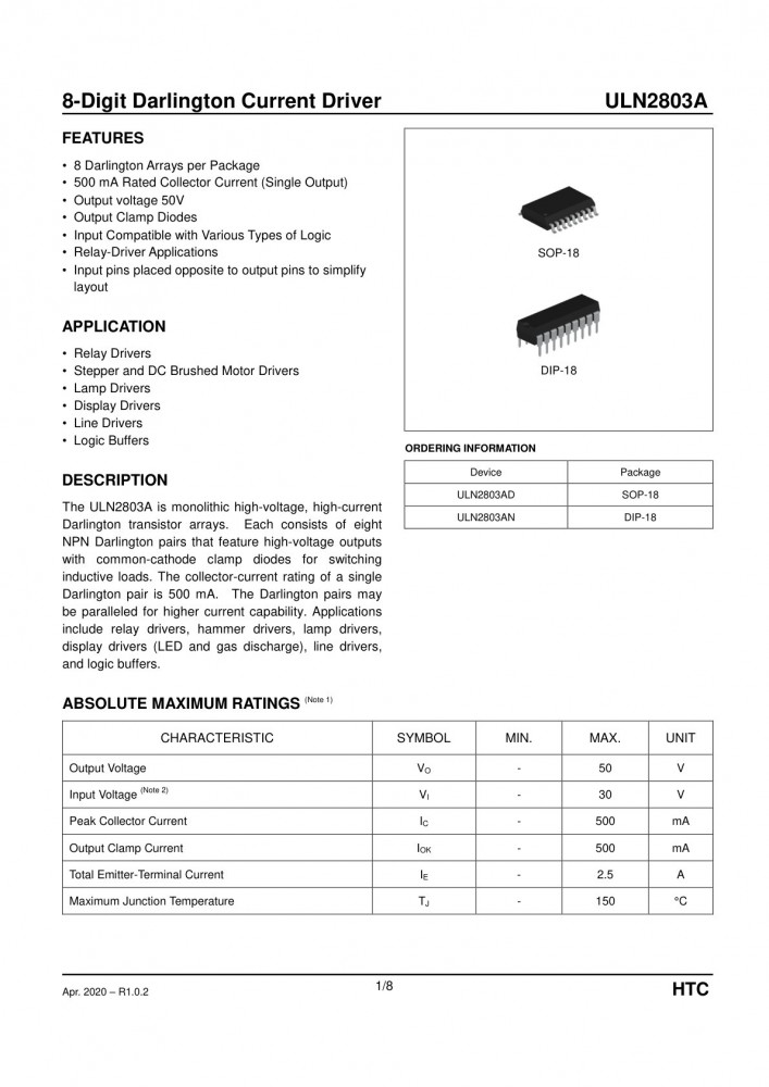 ULN2803A datasheet page 1