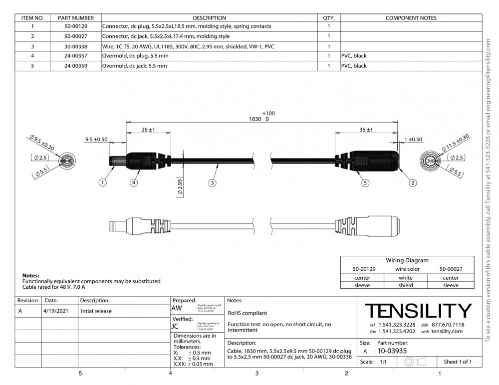 Tensility International 10-03935 DC cable assembly drawing