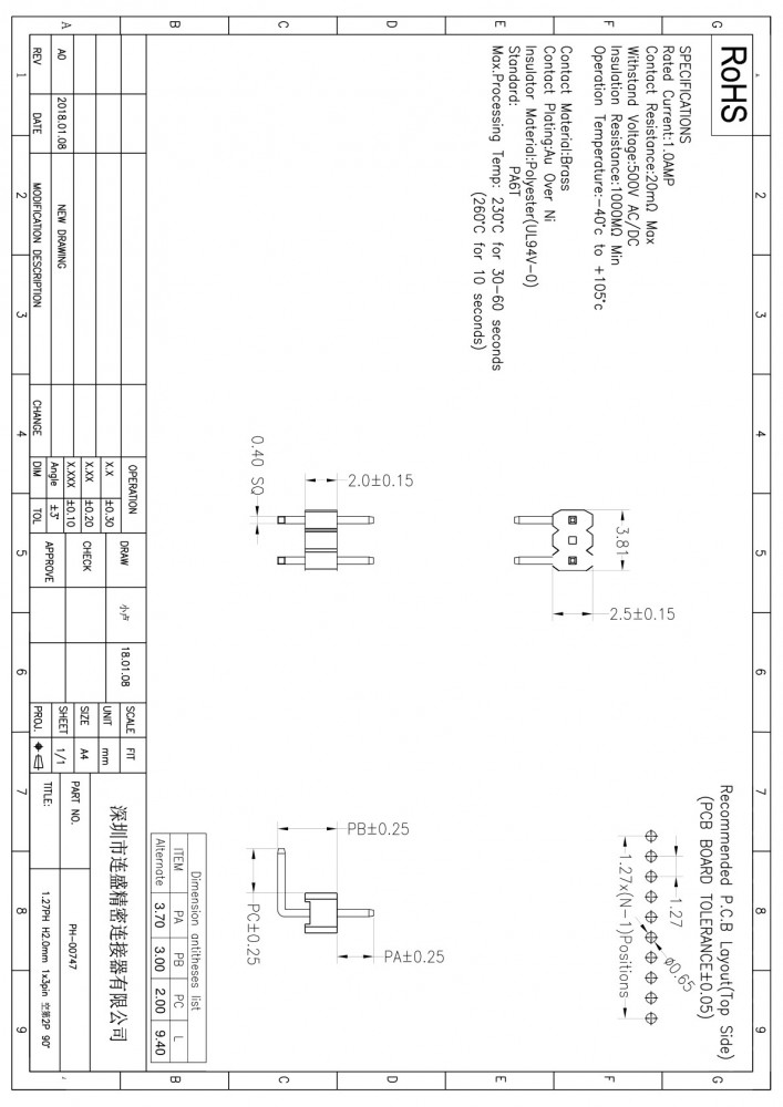 PH-00747 technical drawing and PCB layout
