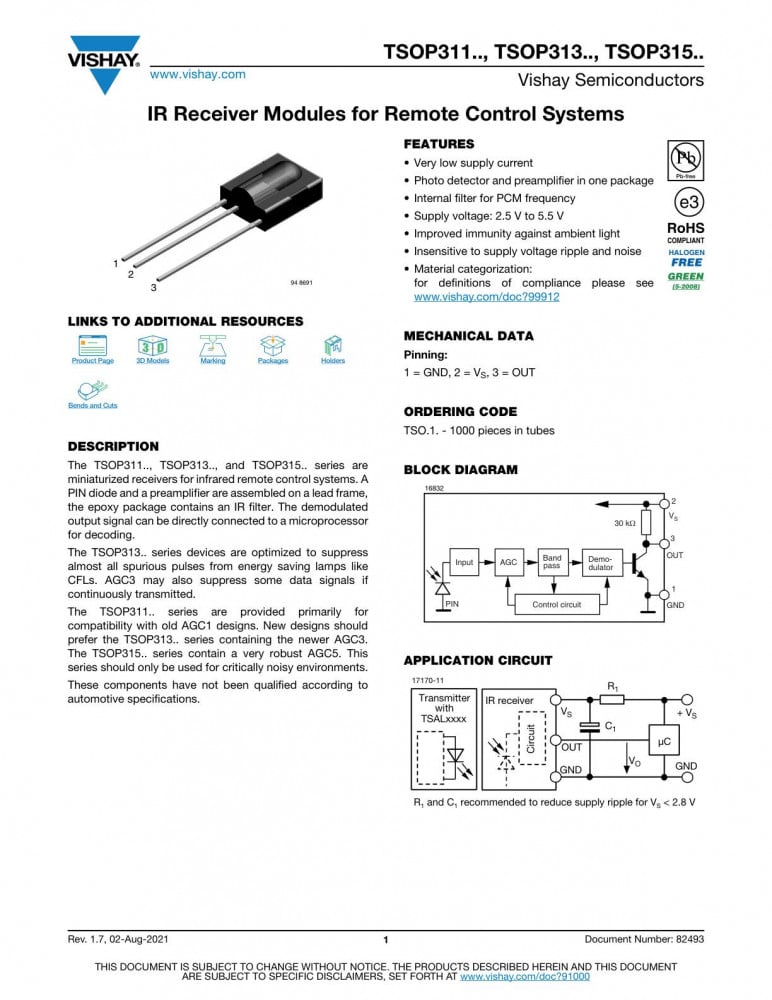 TSOP31338 datasheet page 1