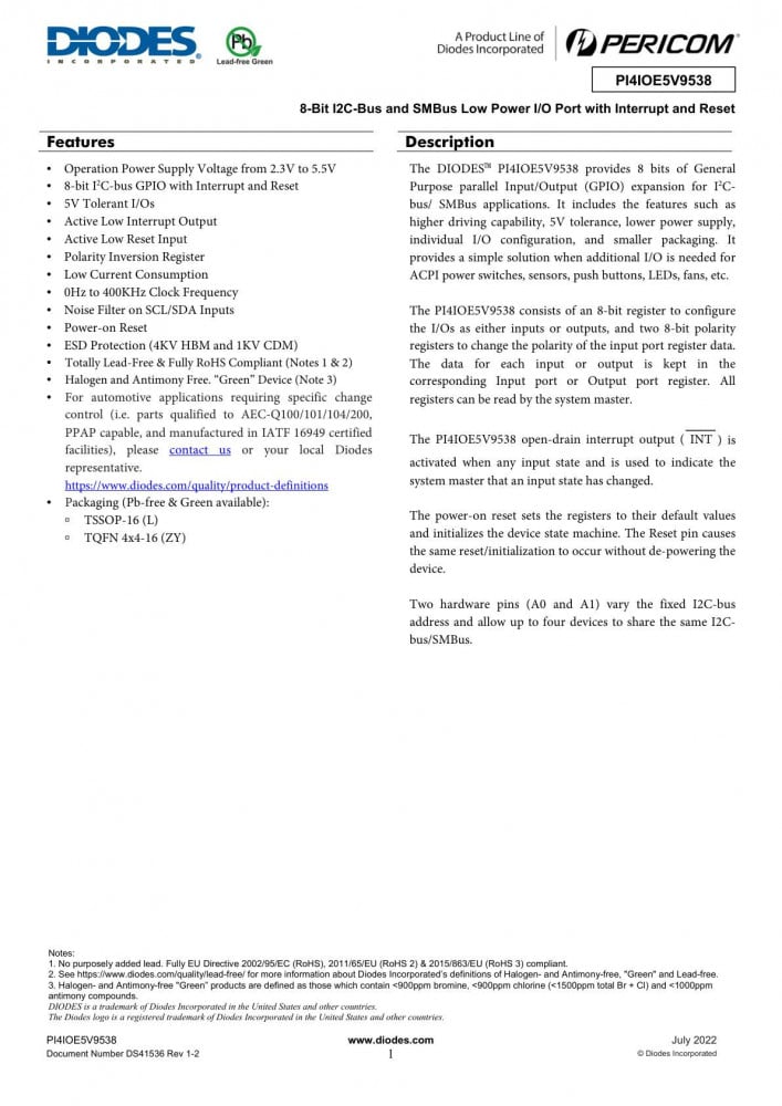 PI4IOE5V9538LEX datasheet page 1