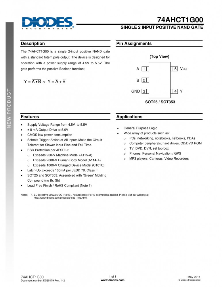 74AHCT1G00W5-7 datasheet page 1