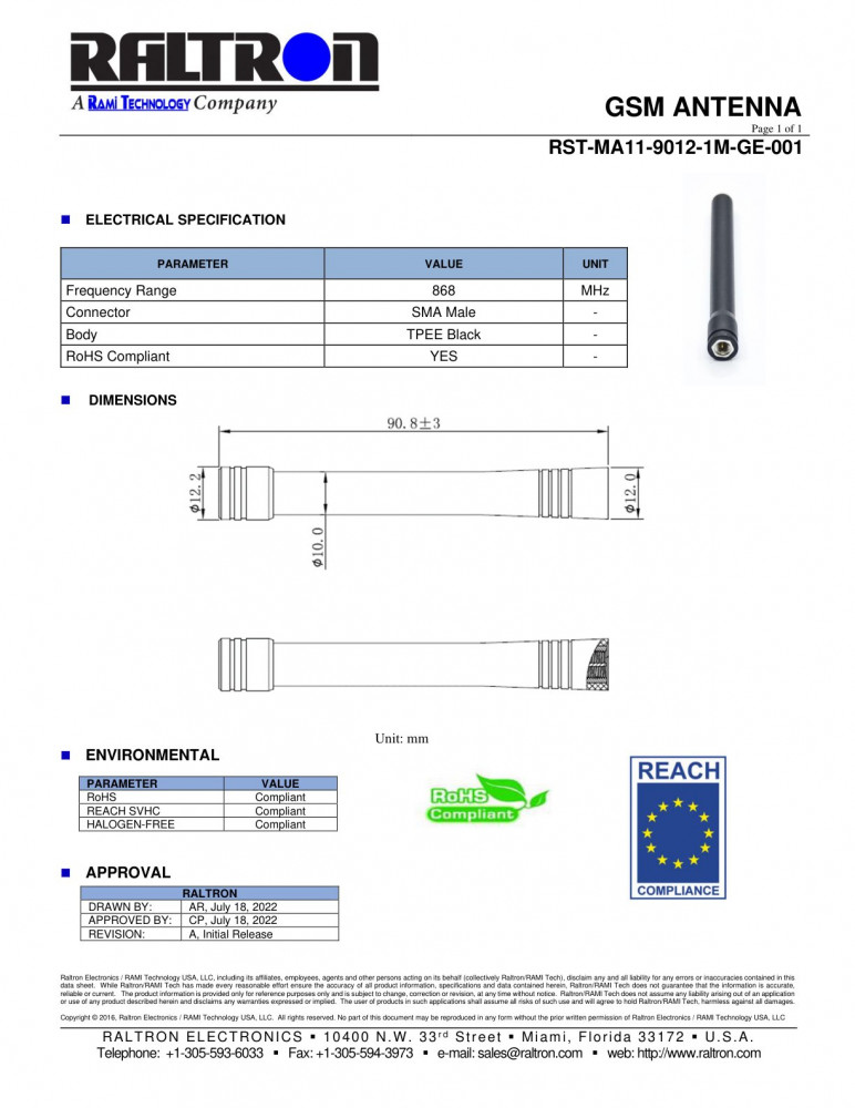Raltron RST-MA11-9012-1M-GE-001 technical document page