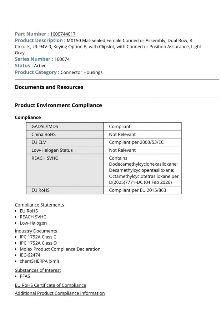 Product document image 1 for MOLEX 1600744017