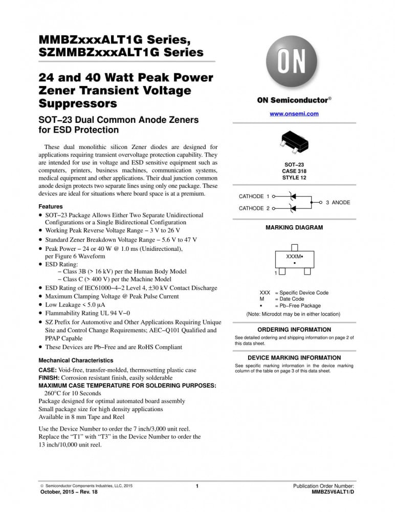 MMBZ6V2ALT1G datasheet page 1