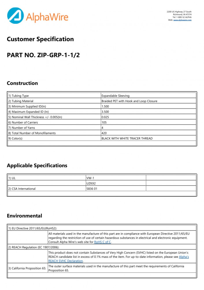 Alpha Wire ZGRP11/2 BK008 technical specification page 1