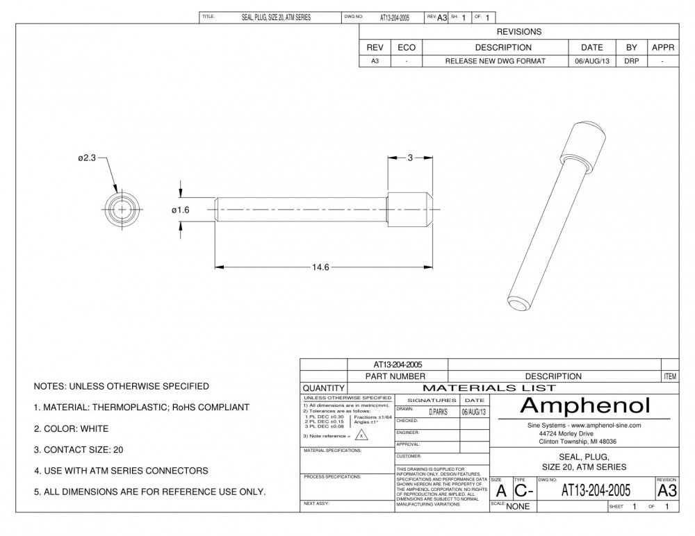 Amphenol AT13-204-2005 technical drawing page