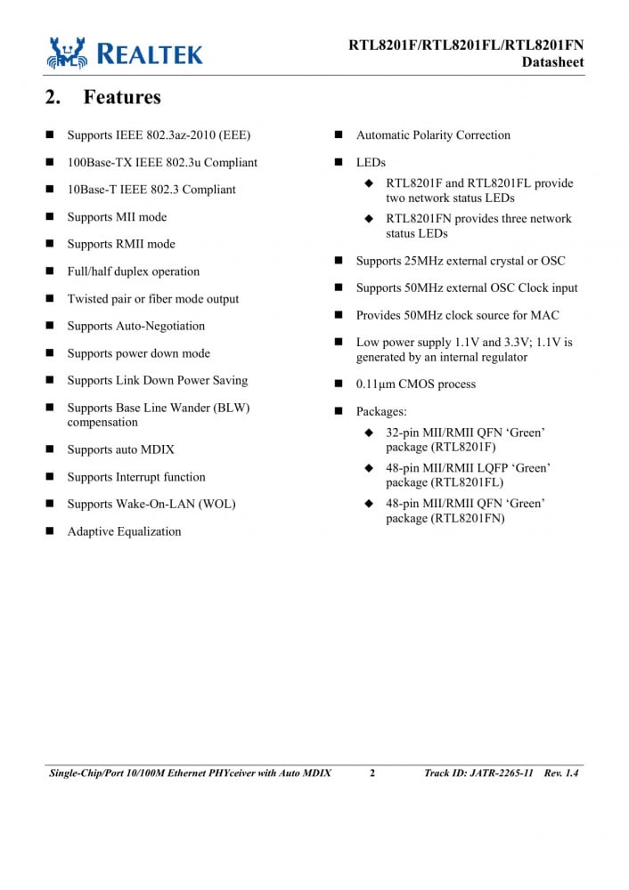 RTL8201F datasheet page 10