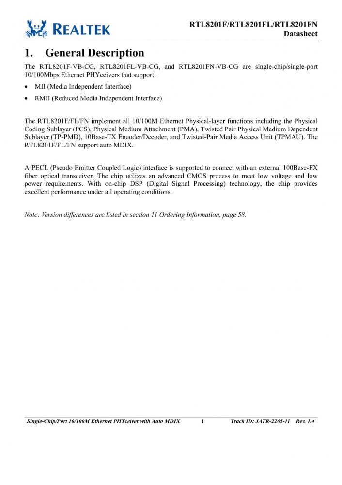 RTL8201F datasheet page 9