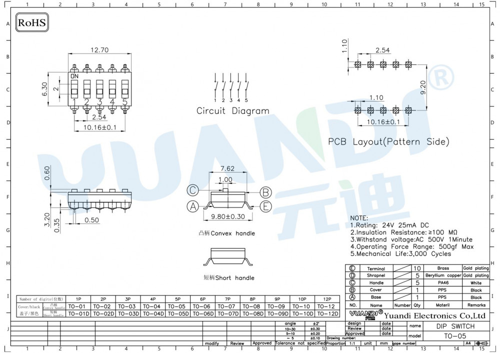 YUANDI TO-05 DIP switch technical drawing