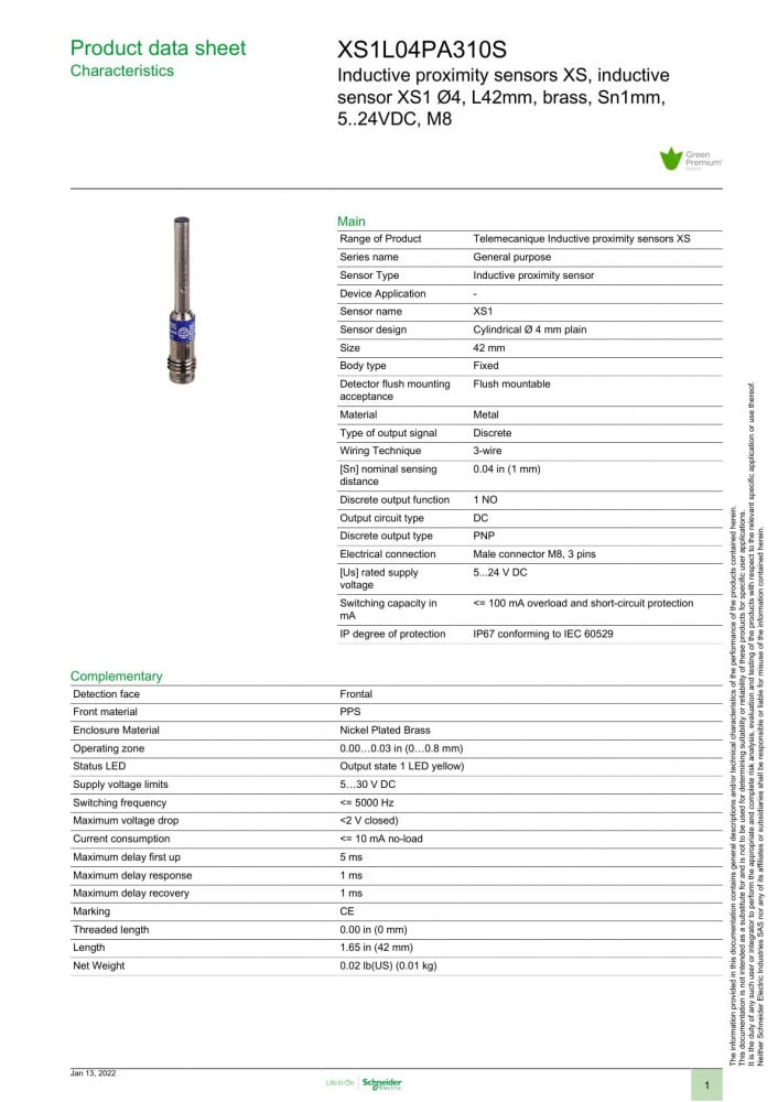 XS1L04PA310S technical document page 1