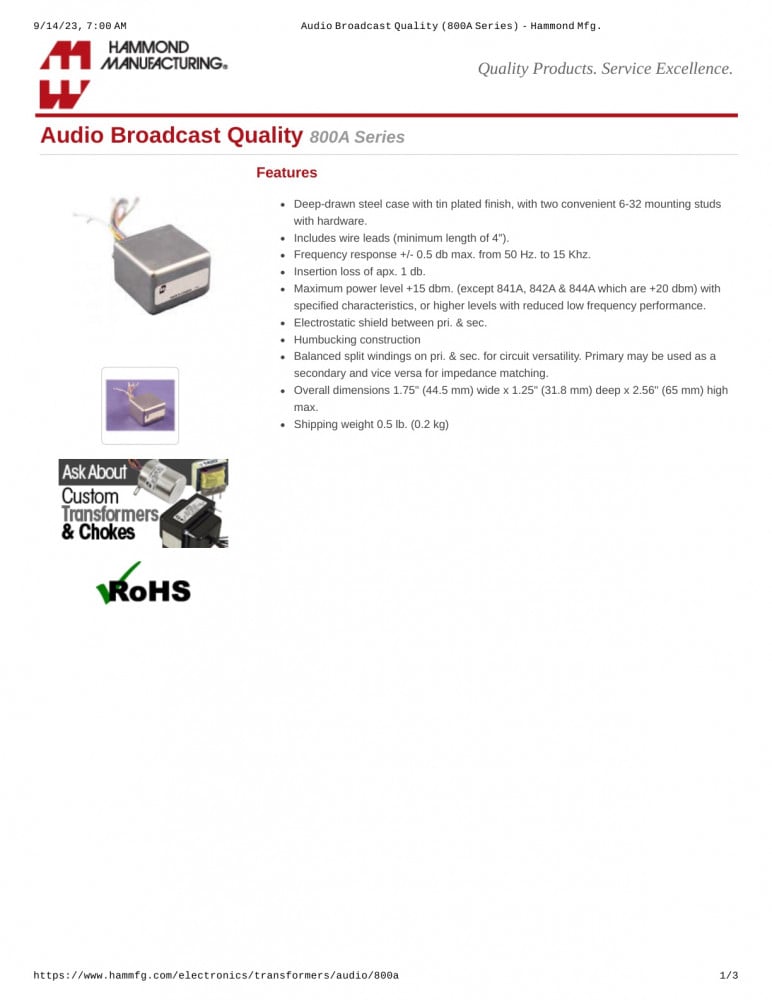 Hammond 800A series documentation page 1