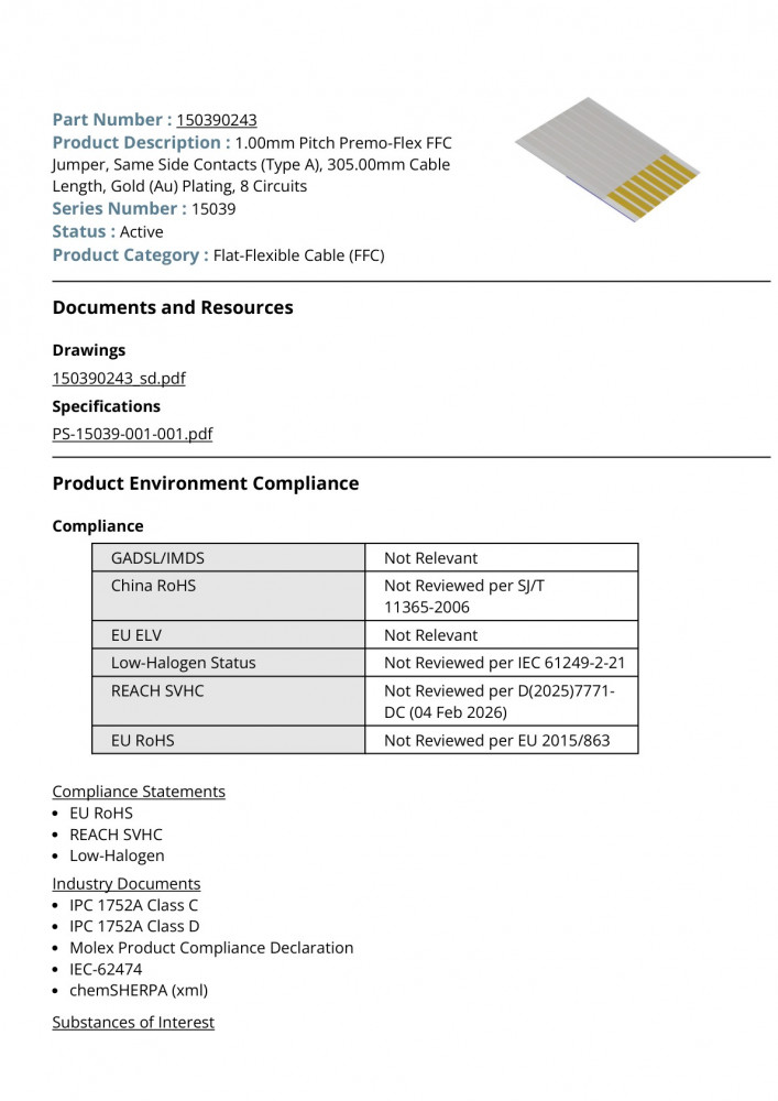 Molex 1.00 mm pitch FFC family specification, page 1