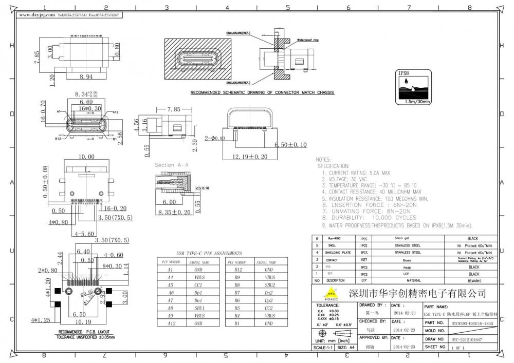 HOAUC HYCW393-USBC16-785B technical drawing
