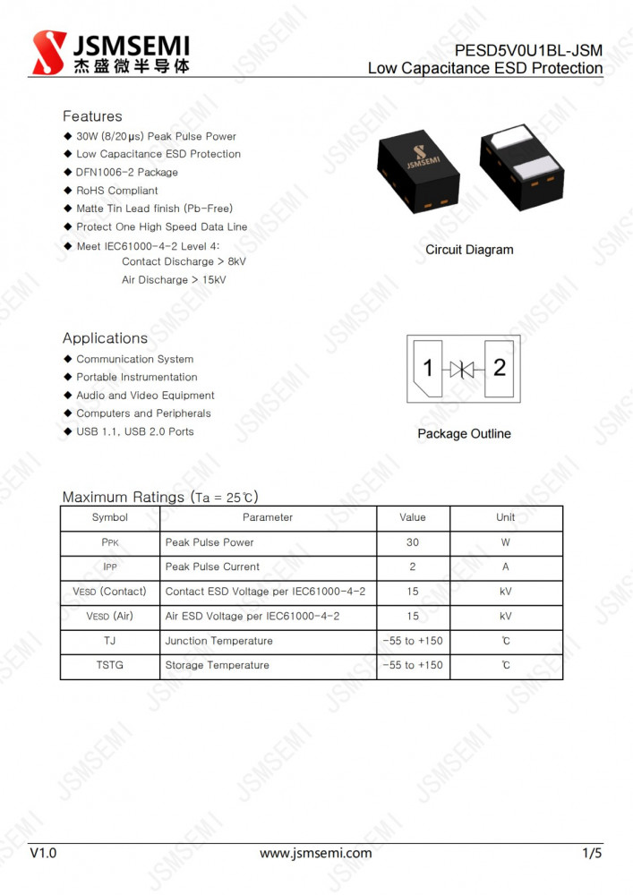 PESD5V0U1BL-JSM datasheet page 1