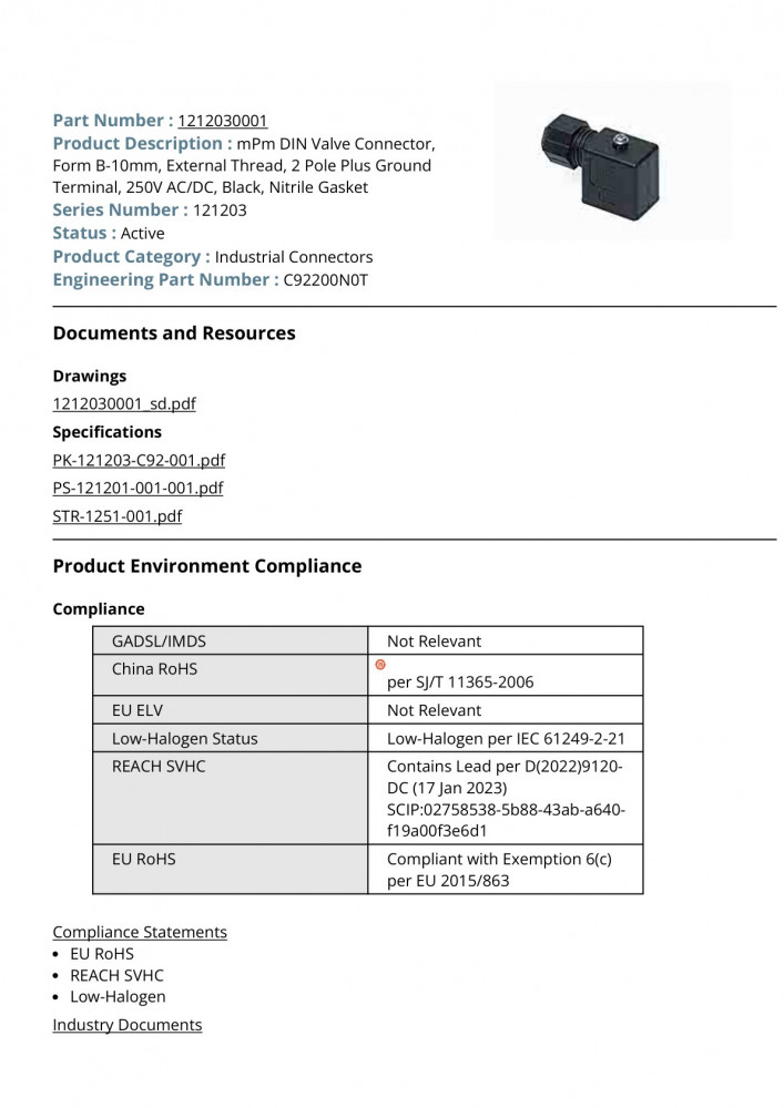 DIN valve connector product specification, page image 1