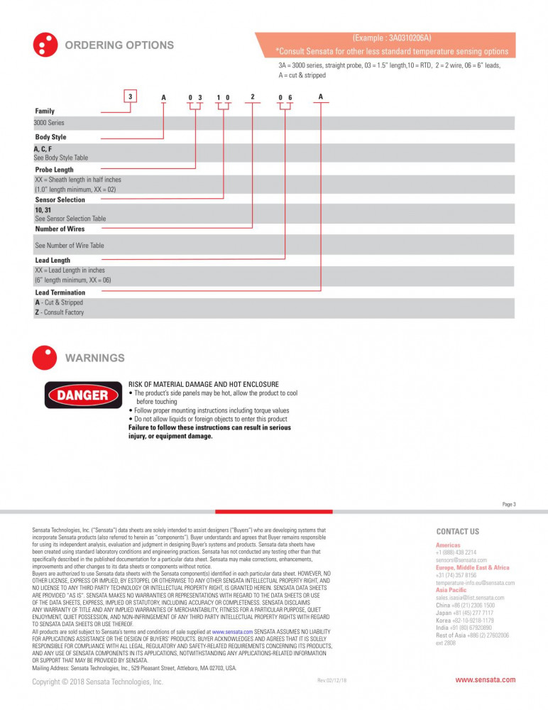 Sensata 3000 Series temperature probe documentation page 3