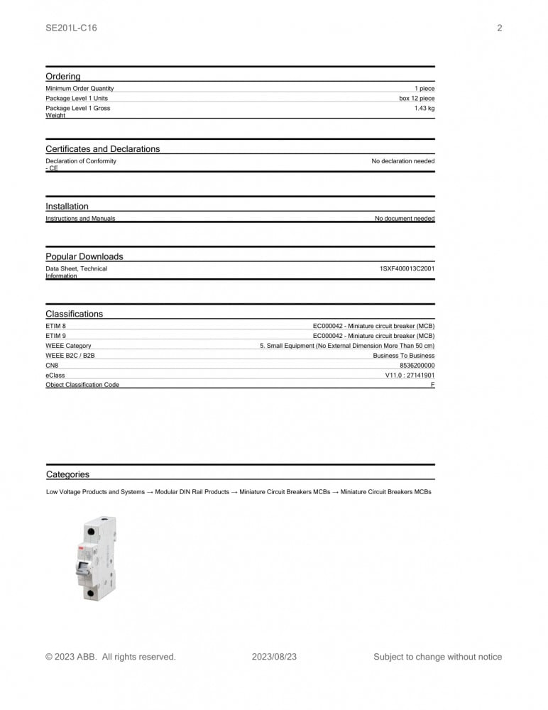 ABB SE201L-C16 technical document page 2