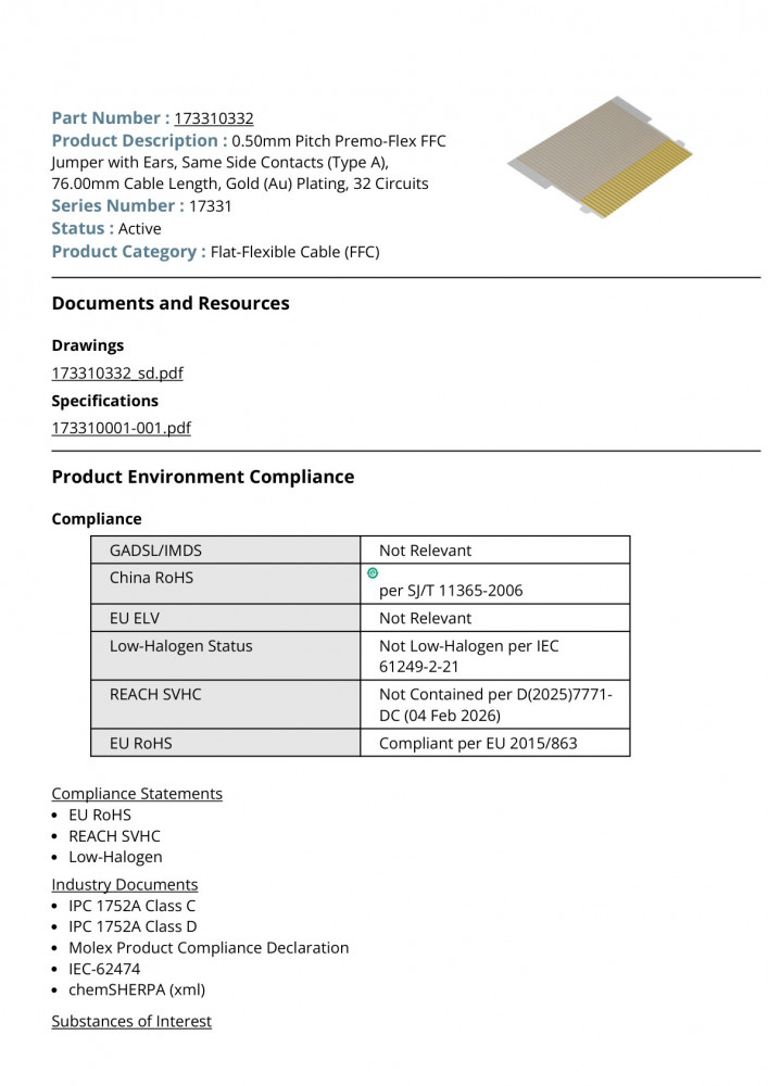 MOLEX 173310332 technical drawing page 1