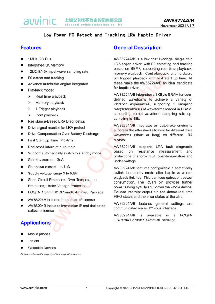 AW86224AFCR datasheet page 1