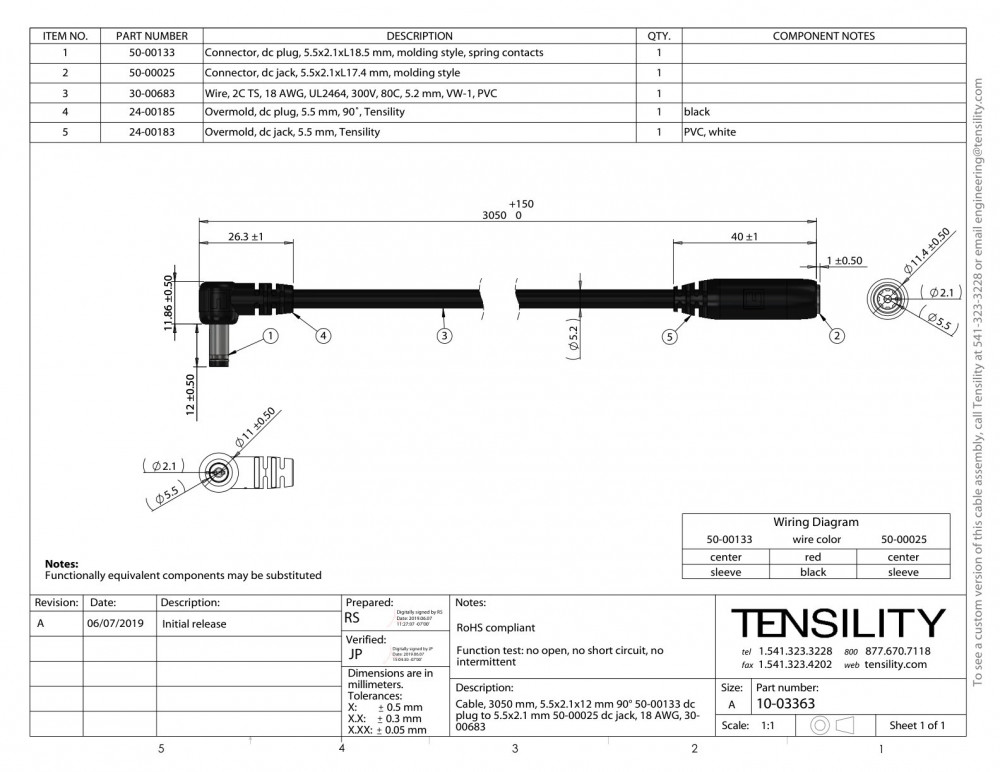 Tensility International 10-03363 DC cable assembly drawing