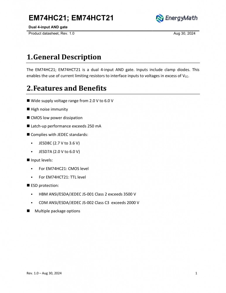 EM74HC21D datasheet page 1