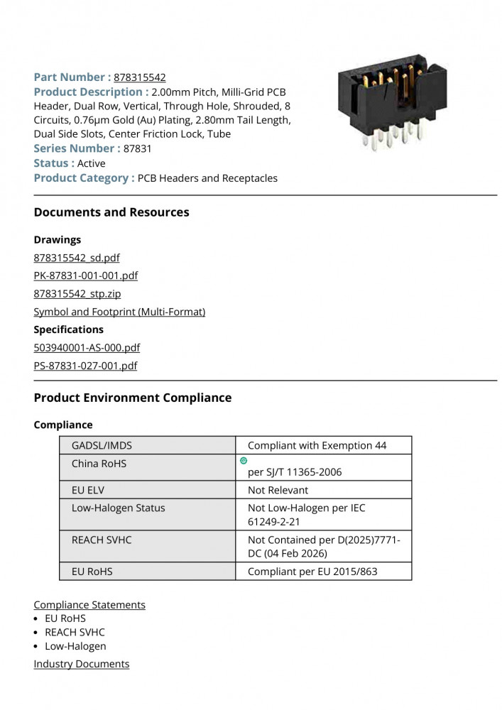 MOLEX 878315542 technical document preview, page 1