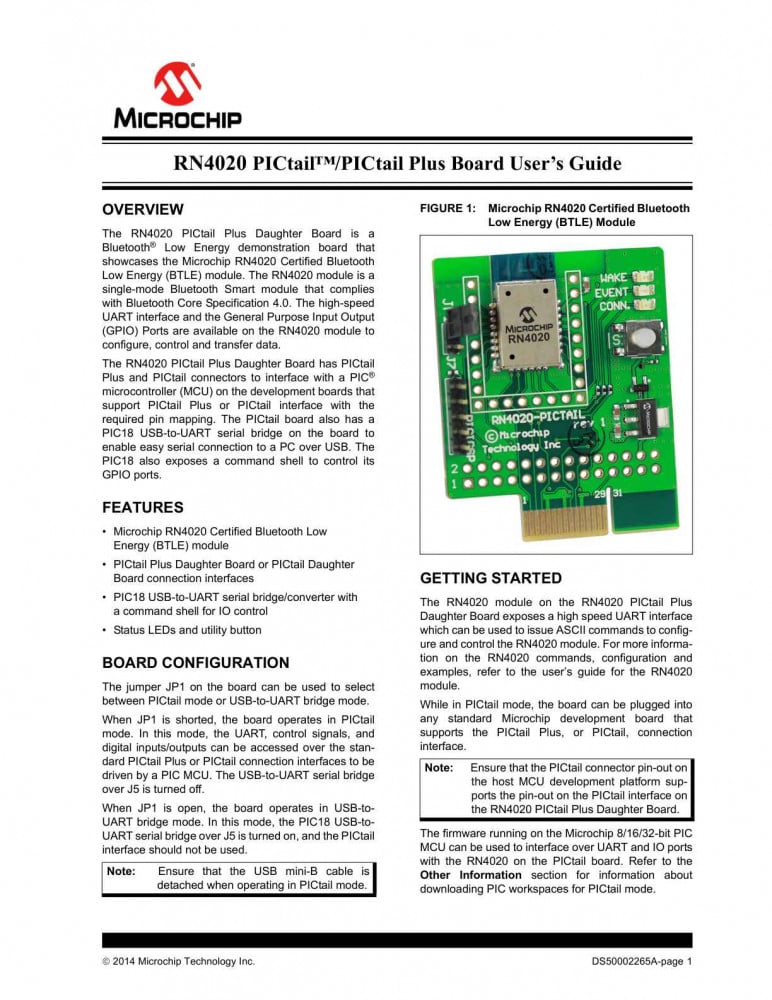 RN4020 PICtail Plus User Guide page 1