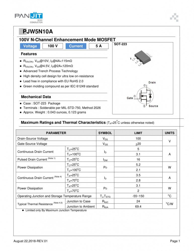 PJW5N10A datasheet page 1