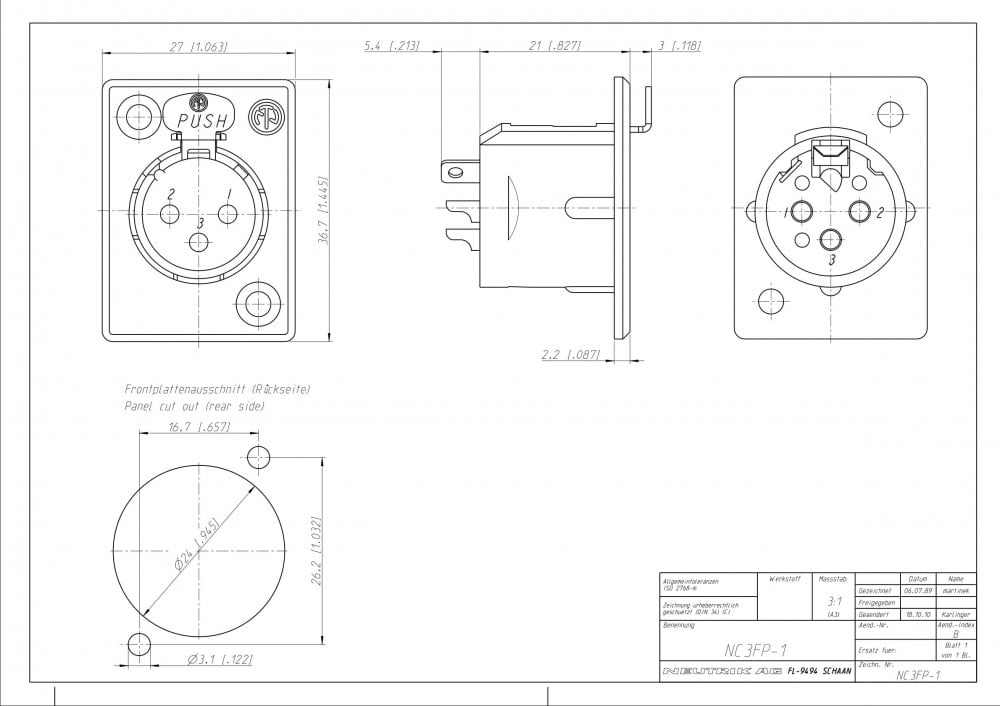 Neutrik NC3FP-1 technical drawing page