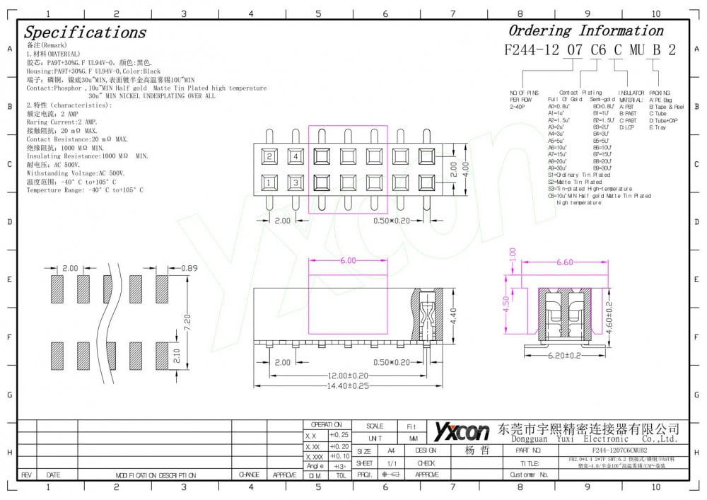 Yxcon F244-1205C6CMUB2 technical document page