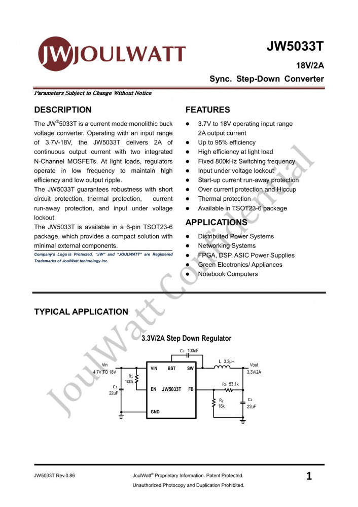 JW5033T datasheet page 1