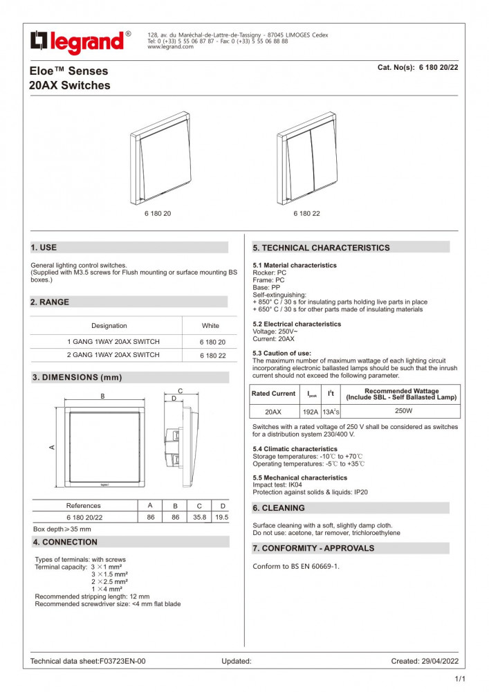 Legrand Eloe Senses 20AX switch product documentation preview