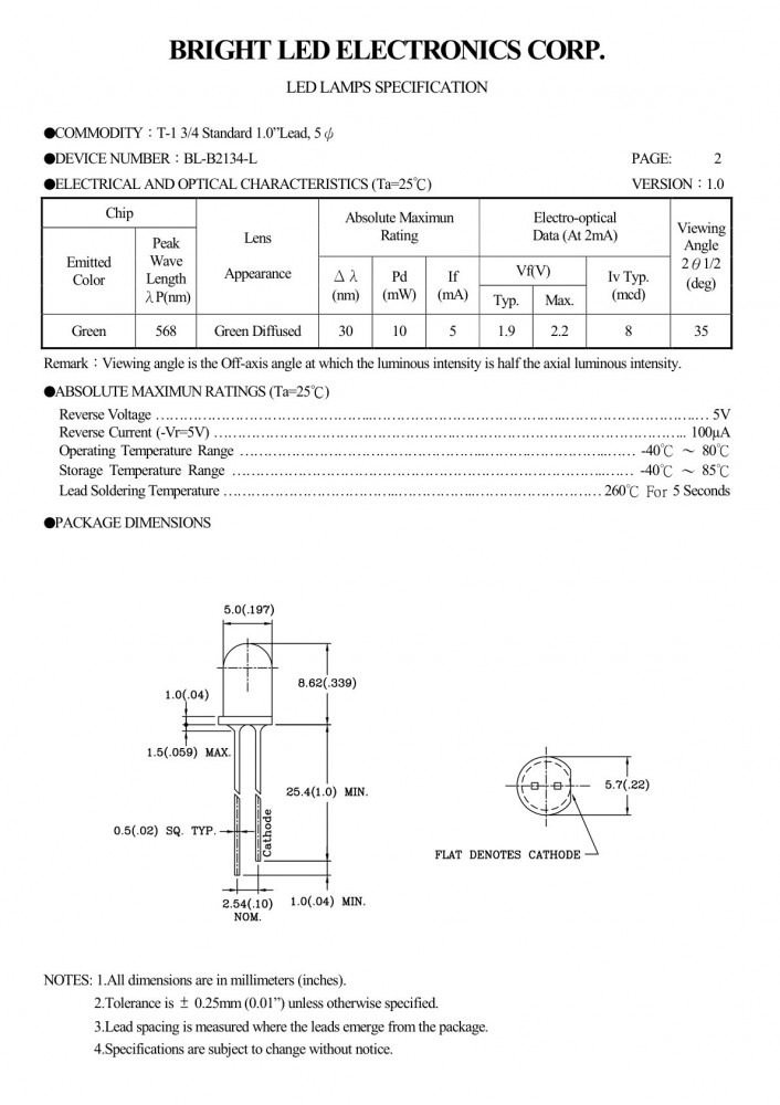 BL-B2134-L specification page with electrical and optical characteristics and package dimensions