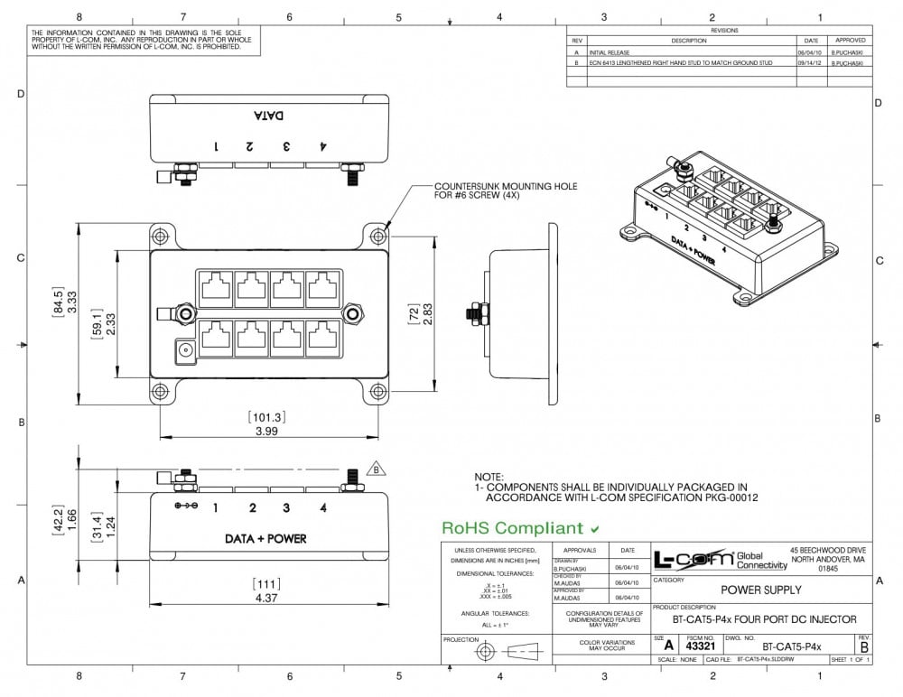 L-com BT-CAT5-P4x four-port DC injector engineering drawing