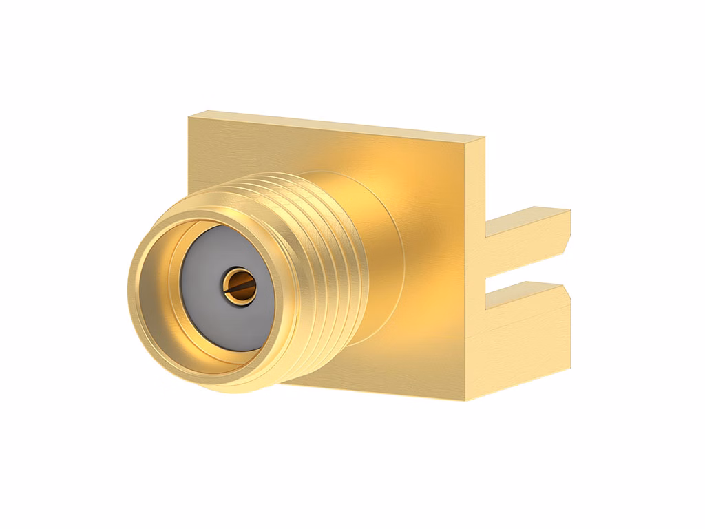 SMA Jack, Straight, PCB Receptacle, Edge Mount, Brass Body, Gold (Au) Plated, One Piece Per Bag, 50 Ohms for sale